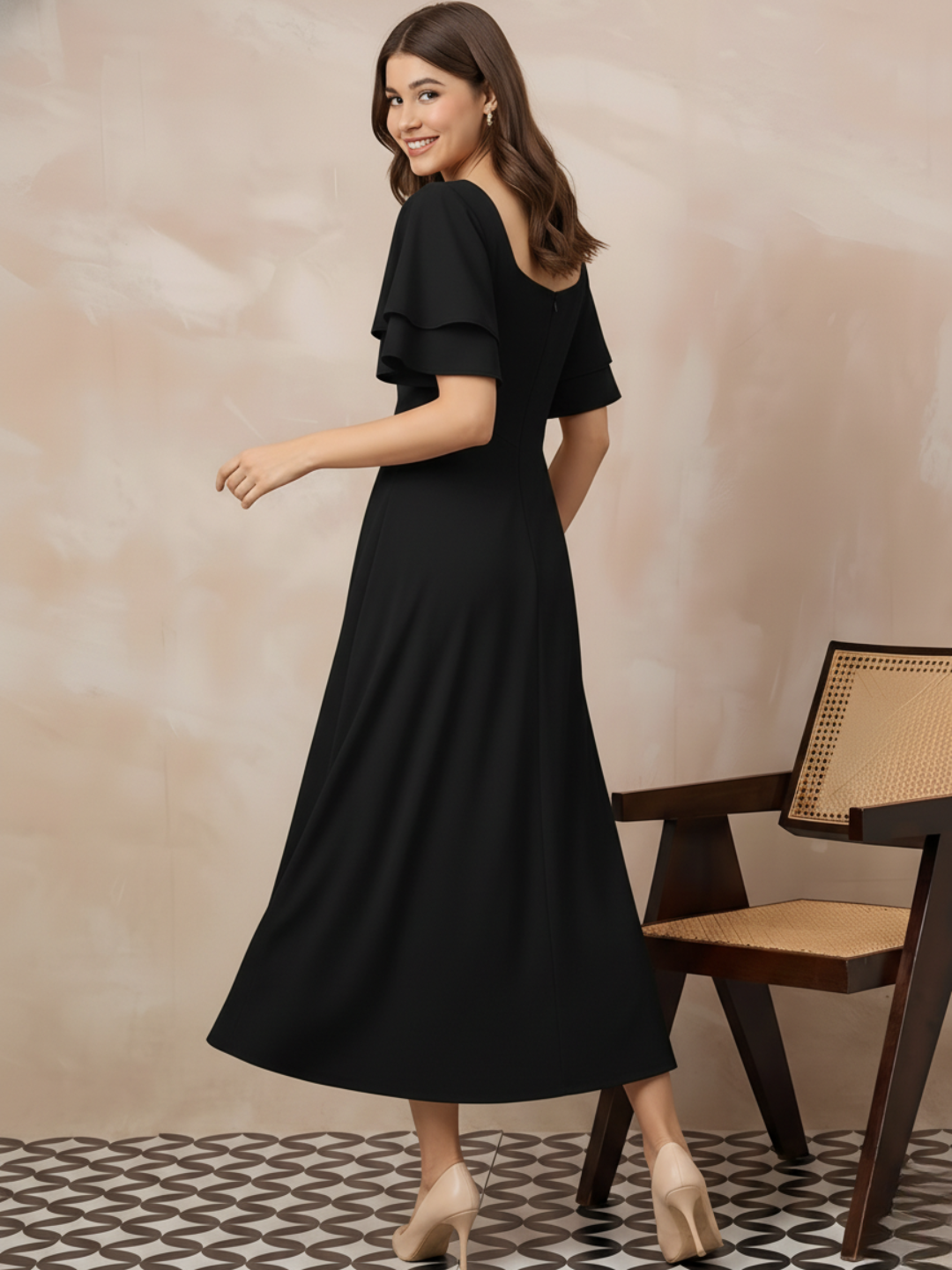 Stretchable Ruffled Sleeve Fit & Flare Dress
